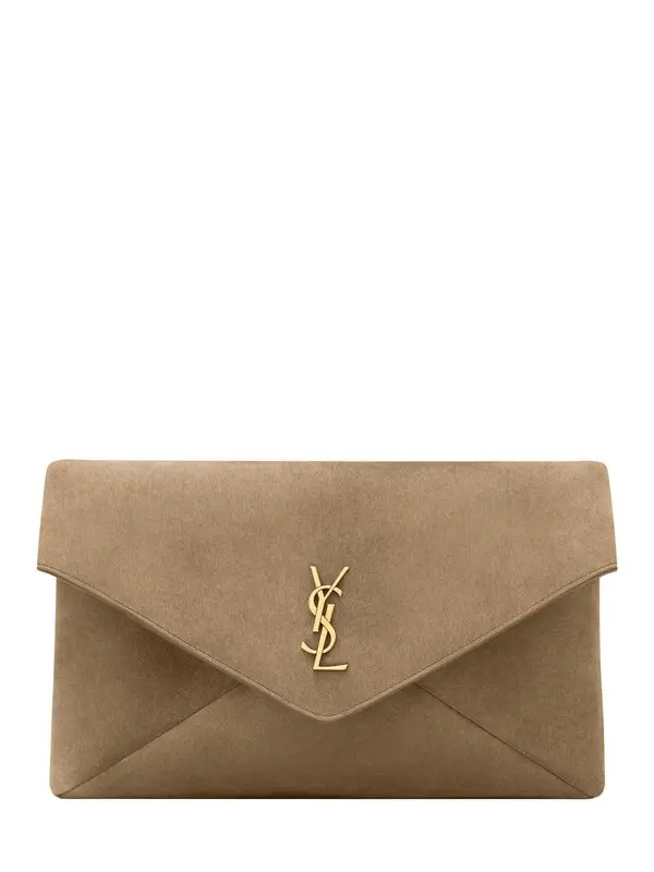 Saint Laurent Cassandre Large Envelope Pouch In Suede - Light Cumin