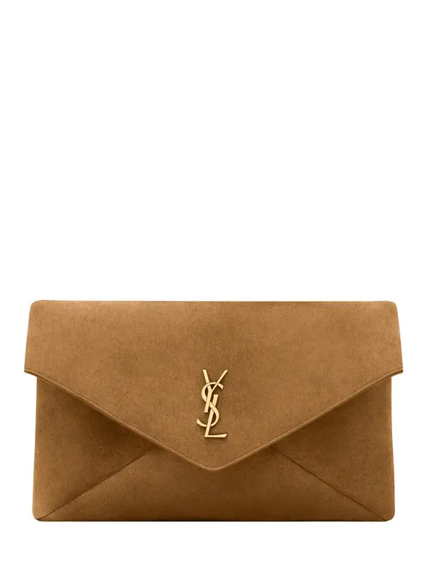 Saint Laurent Cassandre Large Envelope Pouch In Suede - Caramel Cognac