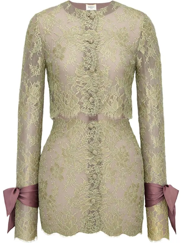 Saint Laurent Lace Lavallière Cuff Mini Dress - Menthe / Or