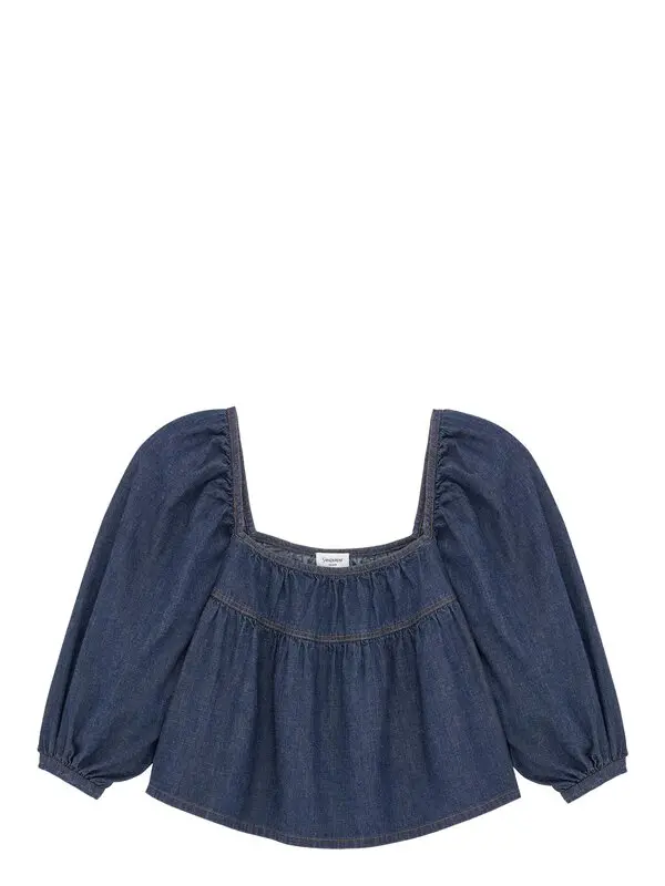 Saint Laurent Cropped Denim Top With Ruffled Square Neckline - Indigo Rinse