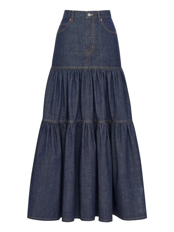 Saint Laurent Long Tiered Denim Skirt - Indigo Rinse