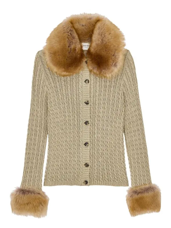 Saint Laurent Metallic Cable-knit Cardigan With Animal-free Fur Trim - Dore/fauve
