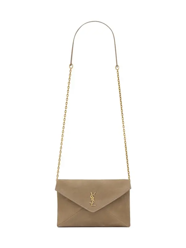Saint Laurent Cassandre Small Chain Pouch In Suede - Light Cumin