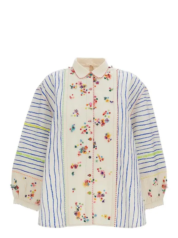 Pero Embroidered Striped Shirt Jacket - Multicolor
