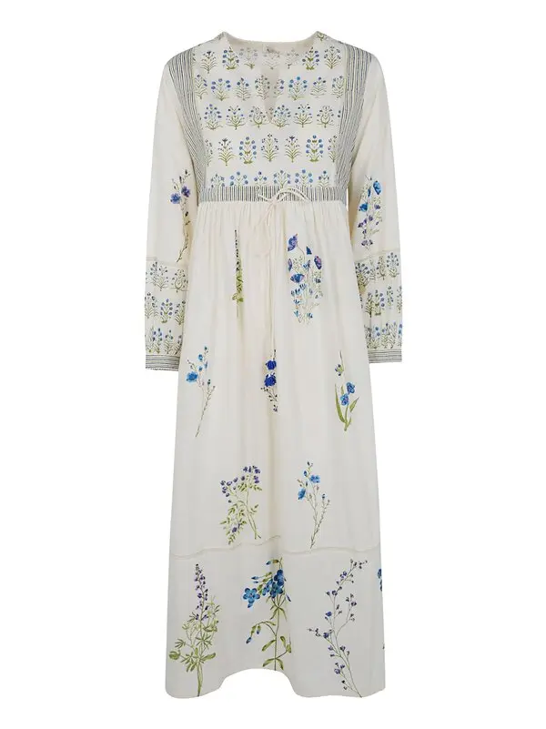 UPAVITA Printed Cotton Midi Dress With 3/4 Sleeves - Blue