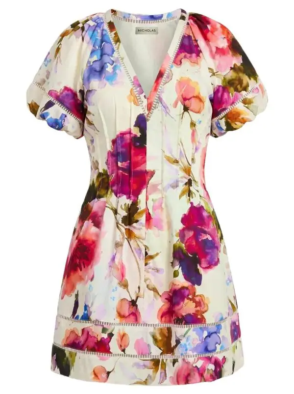 NICHOLAS Annika Ss Lattice-trim Floral-print Mini Dress - Neutrals