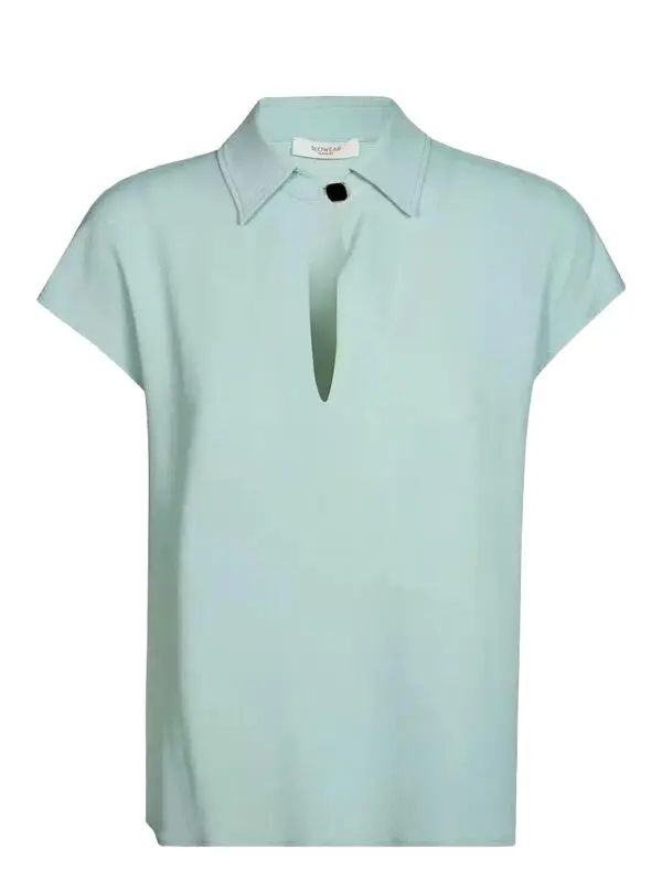 GLANSHIRT Short Sleeve V-neck Blouse - Blue