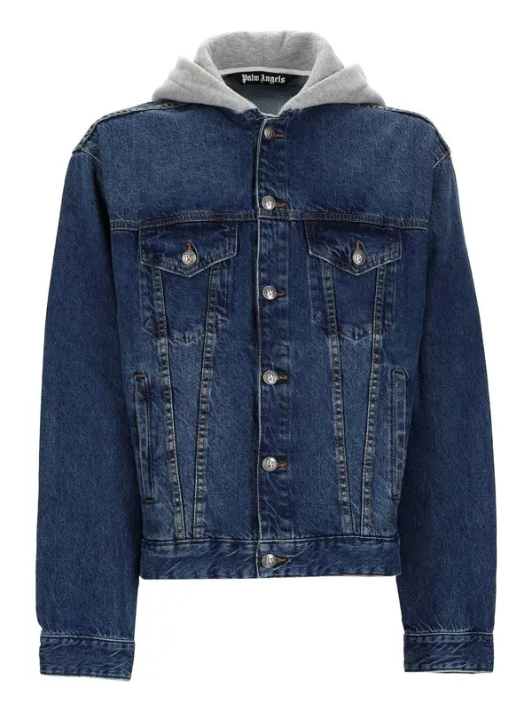 Palm Angels Cotton Denim Jacket With Hood - Blue