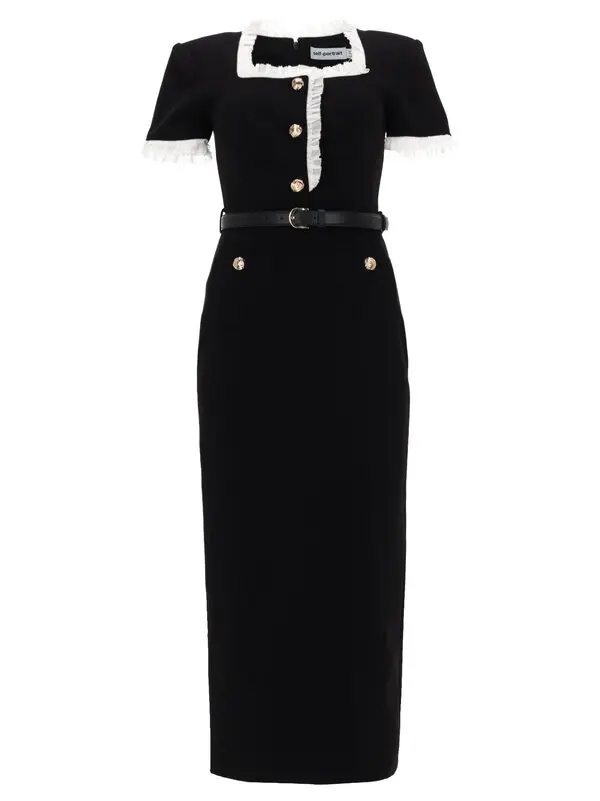 SELF-PORTRAIT Midi Crepe Dress With Frill Detailing - Black