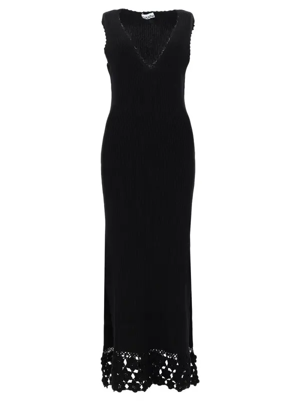 GANNI Maxi Dress With Crochet Trim - Black