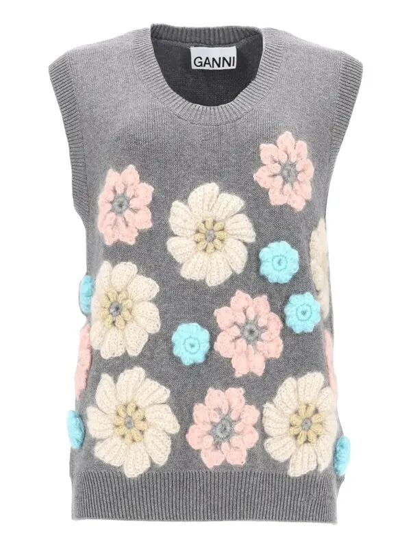 GANNI Floral Appliqué Knit Vest - Grey