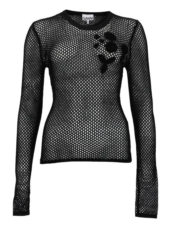 GANNI Mesh Cotton Top With Floral Appliqu - Black