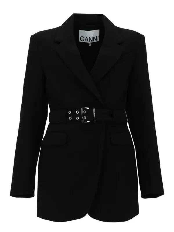 GANNI Belted Crepe Blazer - Black