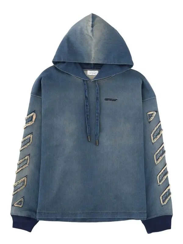 Off-White Denim Hoodie With Diagonal Detail - Blue