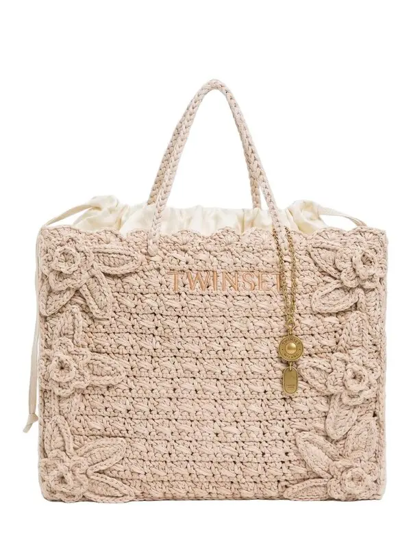 TWINSET Crocheted Tote Bag With Drawstring Closure - Sand