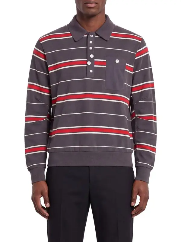 Undercover Striped Long-sleeved Cotton Polo Shirt With Ribbed Collar - Grey