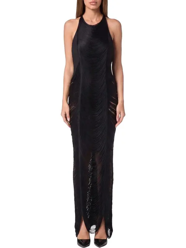Philipp Plein Long Dress With Fringe Embellishment - Black