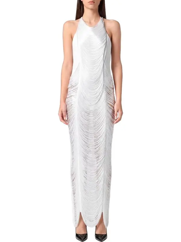 Philipp Plein Long Dress With Fringe Embellishment - White