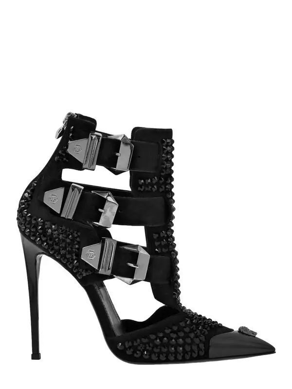Philipp Plein Suede Pumps With Rhinestones And -tone Metal Toe - Black