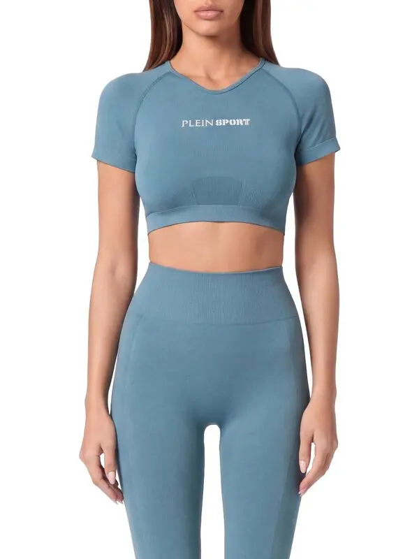 PLEIN SPORT Cropped Technical Fabric V-neck Top - Gnawed Blue