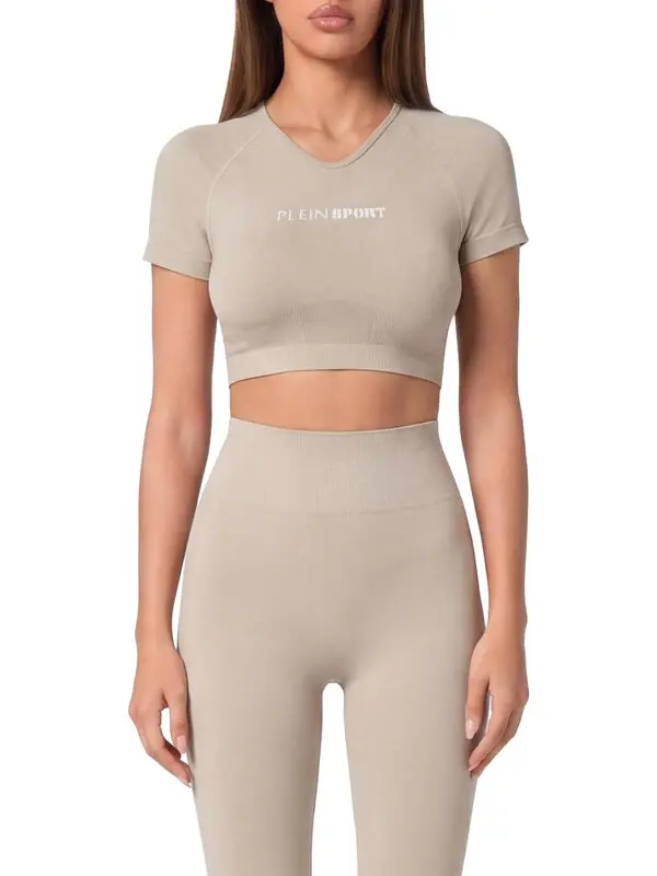 PLEIN SPORT Cropped Technical Fabric V-neck Top - Grey