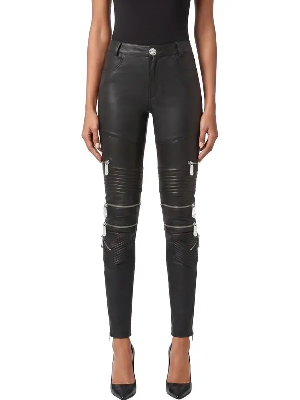 Philipp Plein Skinny Fit Leather Pants With Zips - Black