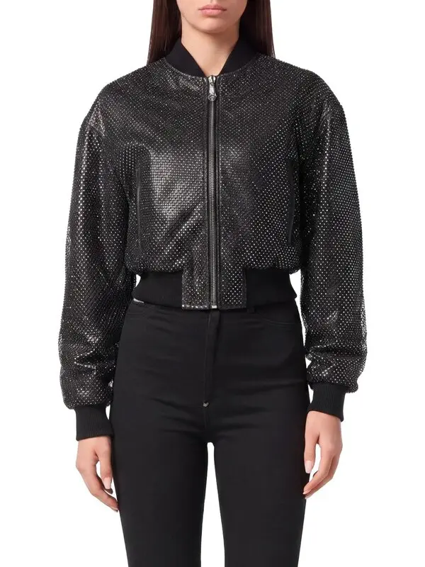 Philipp Plein All Over Crystal Nappa Crop Bomber Jacket - Black