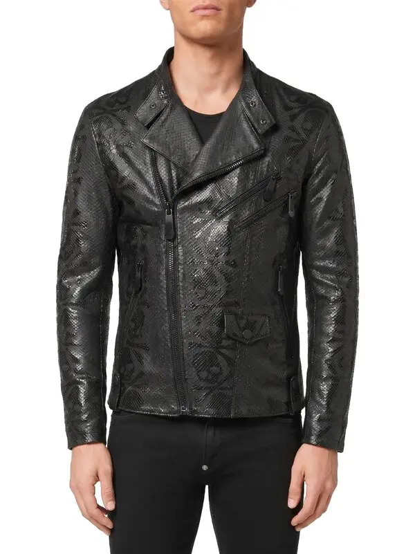 Philipp Plein Snake Print Leather Biker Jacket - Black