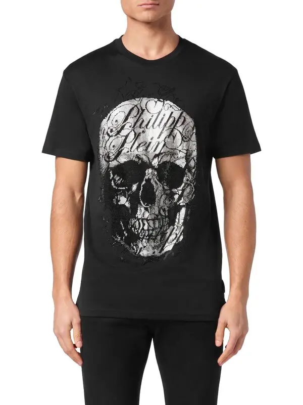 Philipp Plein Skull Cotton T-shirt With Rhinestone Logo - Black