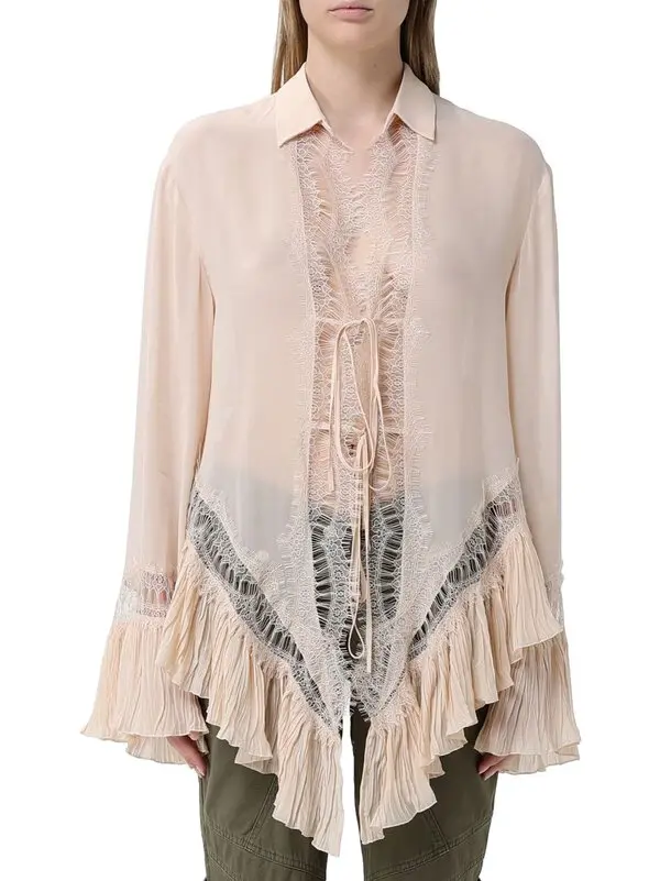 Blumarine Lace-trimmed Front-tie Shirt - Beige