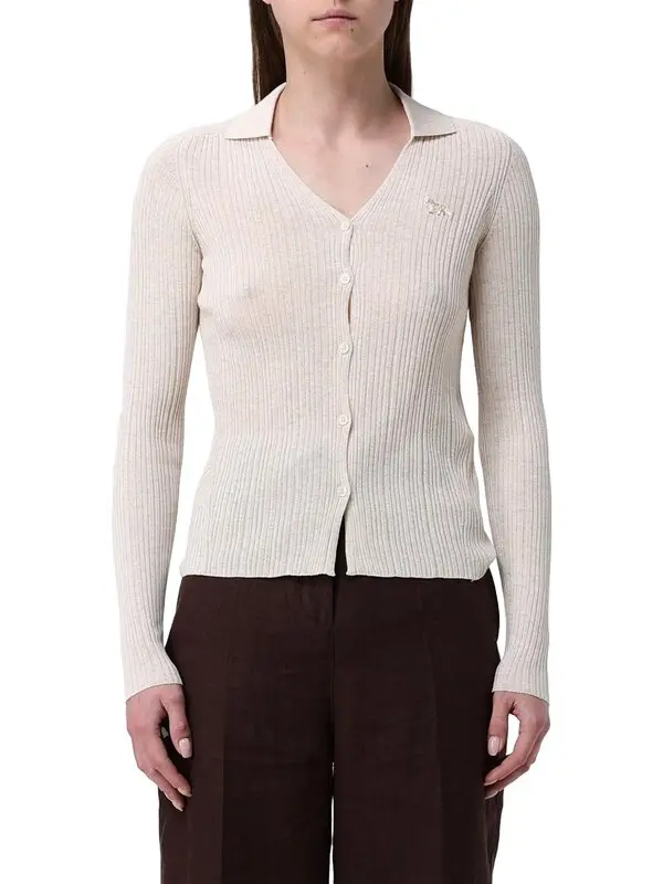 Maison Kitsuné Ribbed Knit Cardigan With Embroidered Fox - Beige