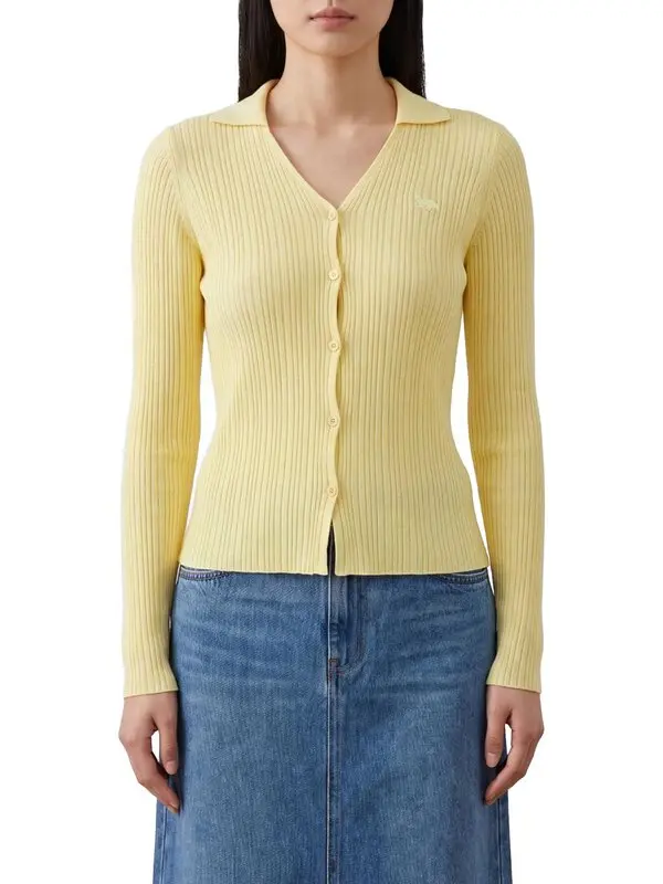 Maison Kitsuné Ribbed Knit Cardigan With Embroidered Fox - Yellow