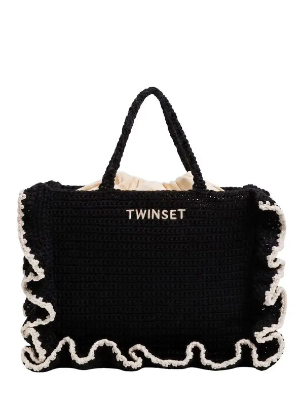 TWINSET Crochet Cotton Bag With Ruffles And Drawstring Closure - Black