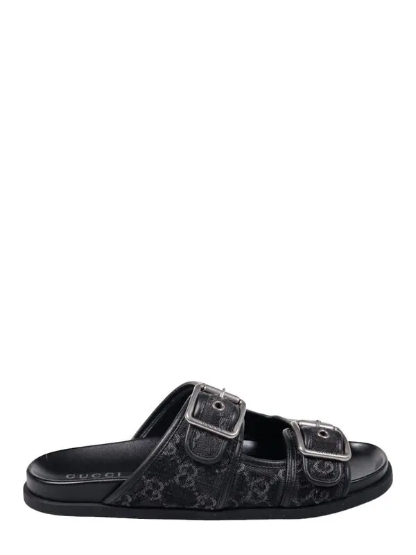 Gucci Gg Denim Slide Sandals With Buckles - Black