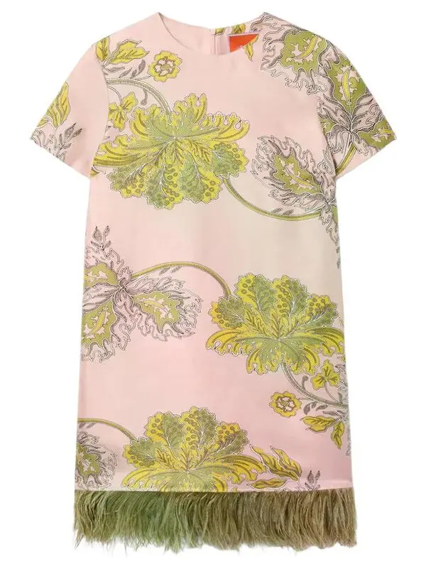 La DoubleJ Mini Swing Dress In Swathe Print Silk Twill With Feather Trim - Pink