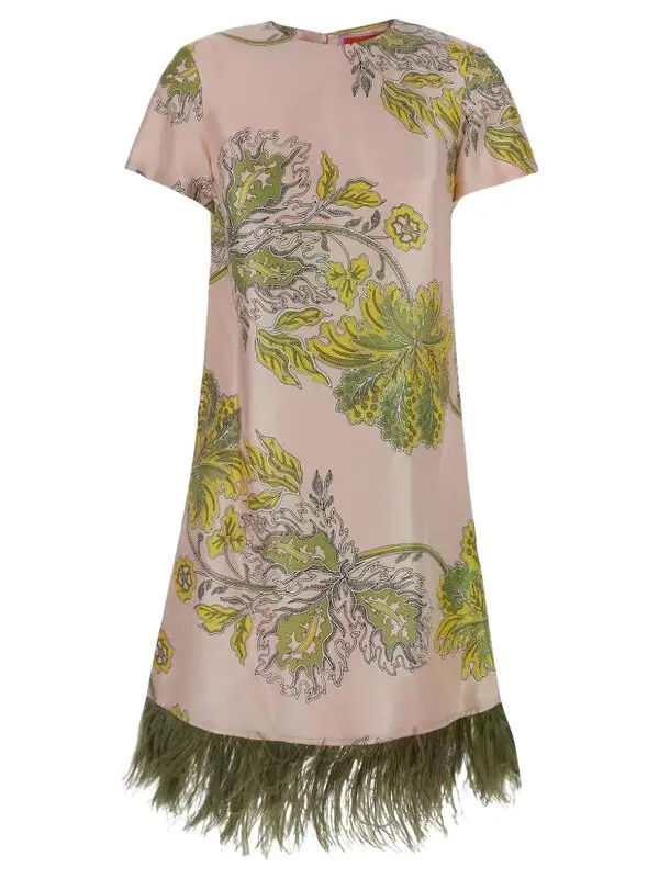 La DoubleJ Mini Swing Dress In Swathe Print Silk Twill With Feather Trim - Pink