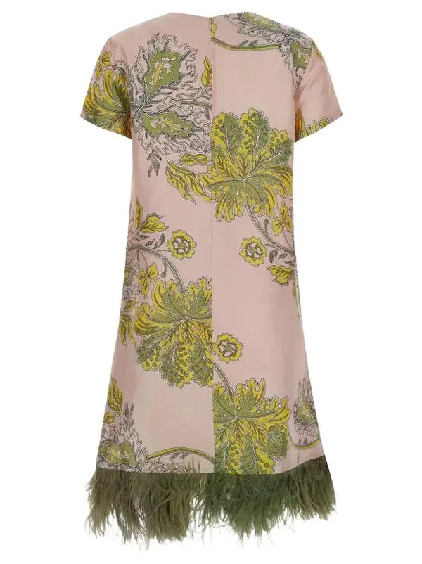 La DoubleJ Mini Swing Dress In Swathe Print Silk Twill With Feather Trim - Pink
