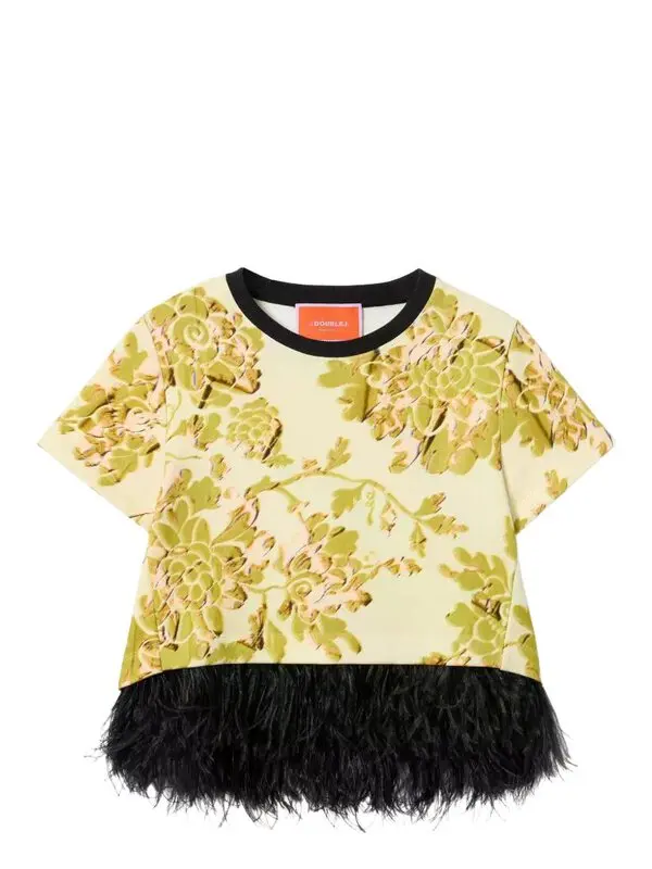 La DoubleJ La Scala Ostrich Feather Trim Cropped Jersey Top - Green