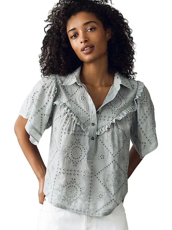 PILCRO Embroidered Eyelet Buttondown Shirt - Blue