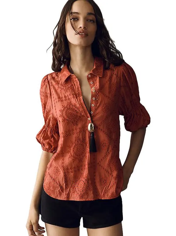 PILCRO Tallulah Puff Sleeve Eyelet Buttondown Top - Red
