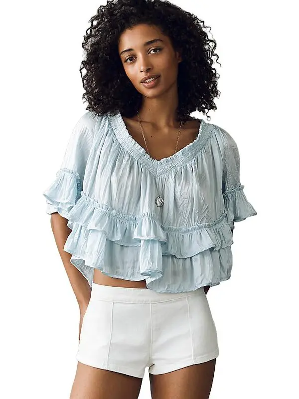 Anthropologie Short-sleeve Ruffle Top - Blue