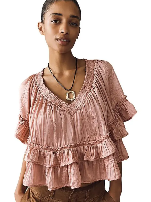 Anthropologie Short-sleeve Ruffle Top - Rose