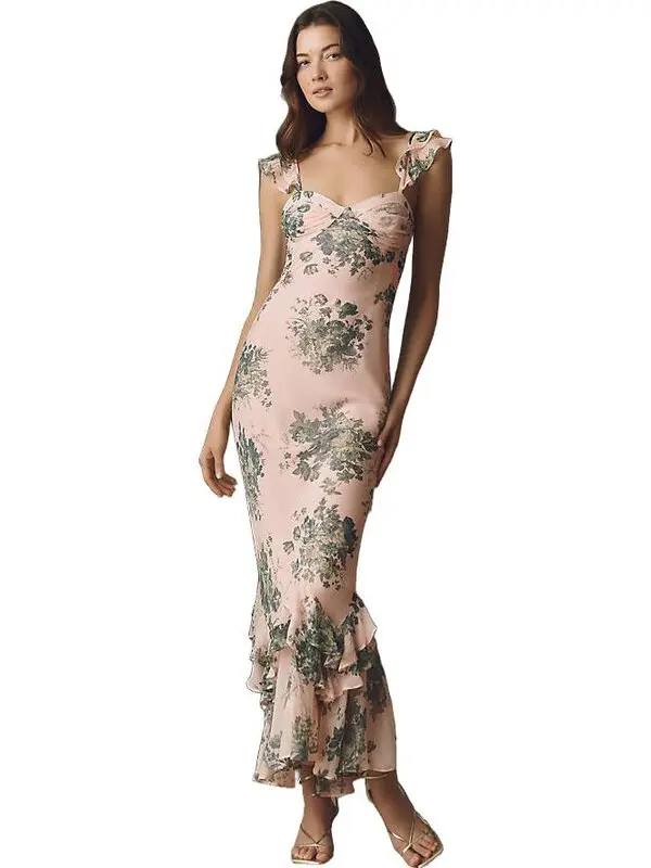 Bhldn Chiffon Ruffle Maxi Dress - Green Pattern