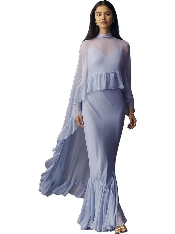 Bhldn Chiffon Maxi Dress With Ruffle Cape - Light Blue
