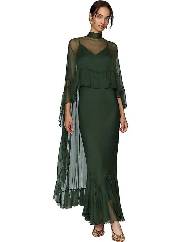 GEISHA DESIGNS Leigh Chiffon Slip Maxi Dress With Ruffle Cape - Olive