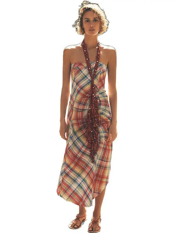 PILCRO Cotton Strapless Ruched Midi Dress - Rainbow Plaid