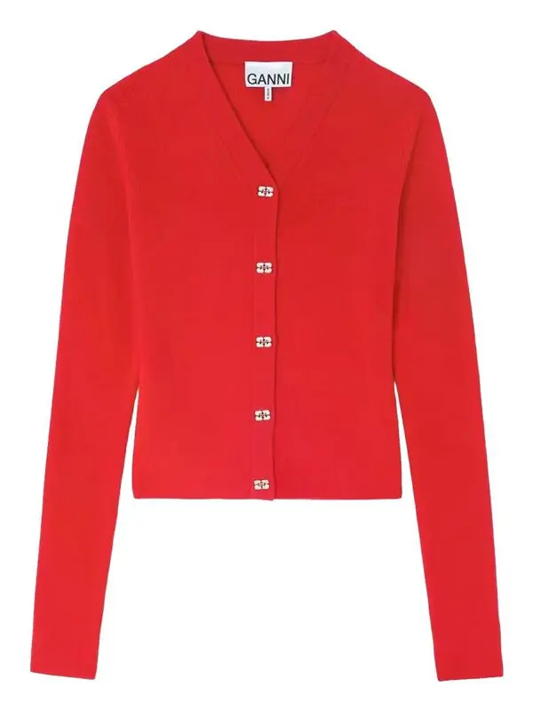 GANNI Ribbed Knit V-neck Cardigan - Red