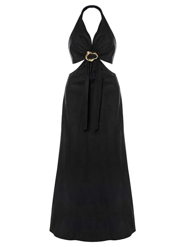 WOMEN & WOMEN Linen Functional Halterneck Maxi Dress With Hardware Detail - Black