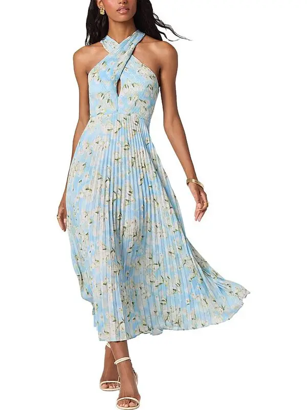 Astr The Label Samantha Pleated Back Cutout Dress - Blue Flora
