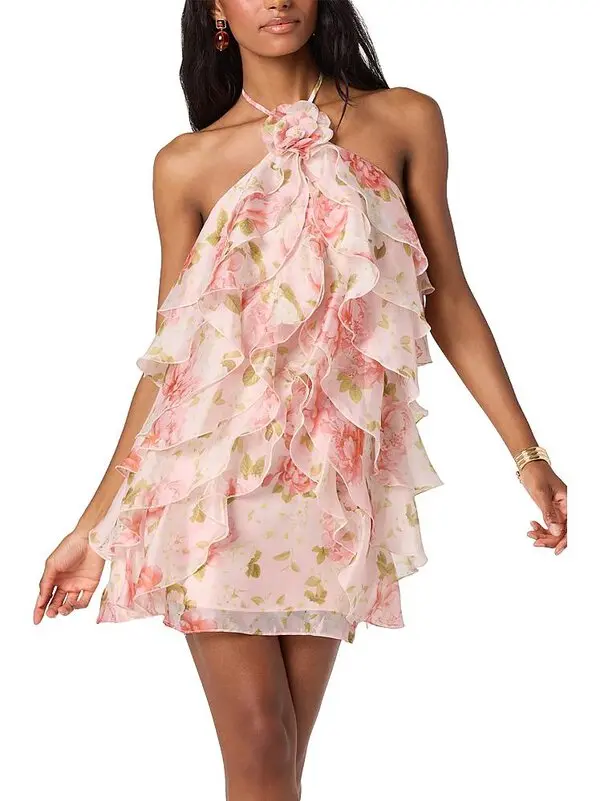 Astr The Label Halterneck Tiered Ruffled Mini Dress - Blush Floral